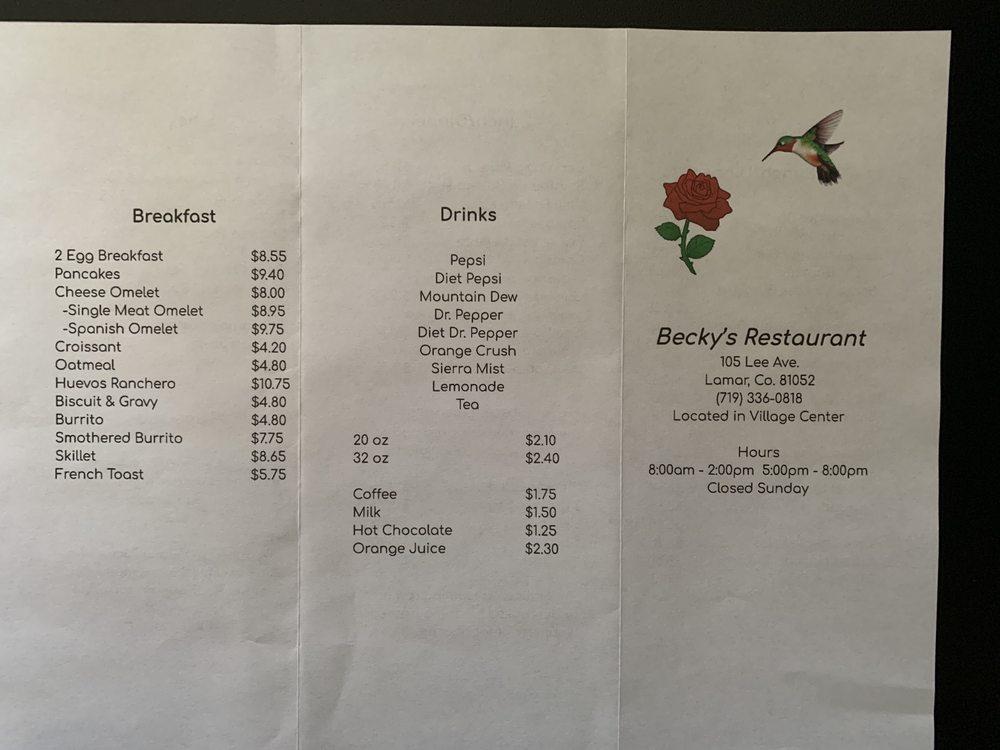 Menu at Becky's Restaurant, Lamar