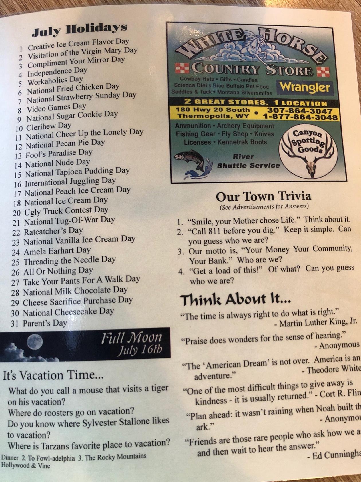 Menu at Black Bear Cafe, Thermopolis
