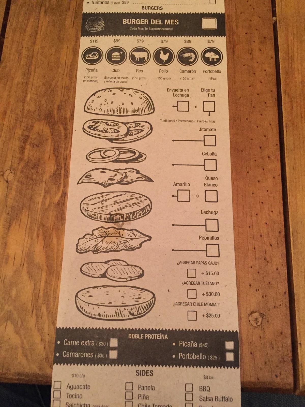 Menu at Burger Club, Guadalajara