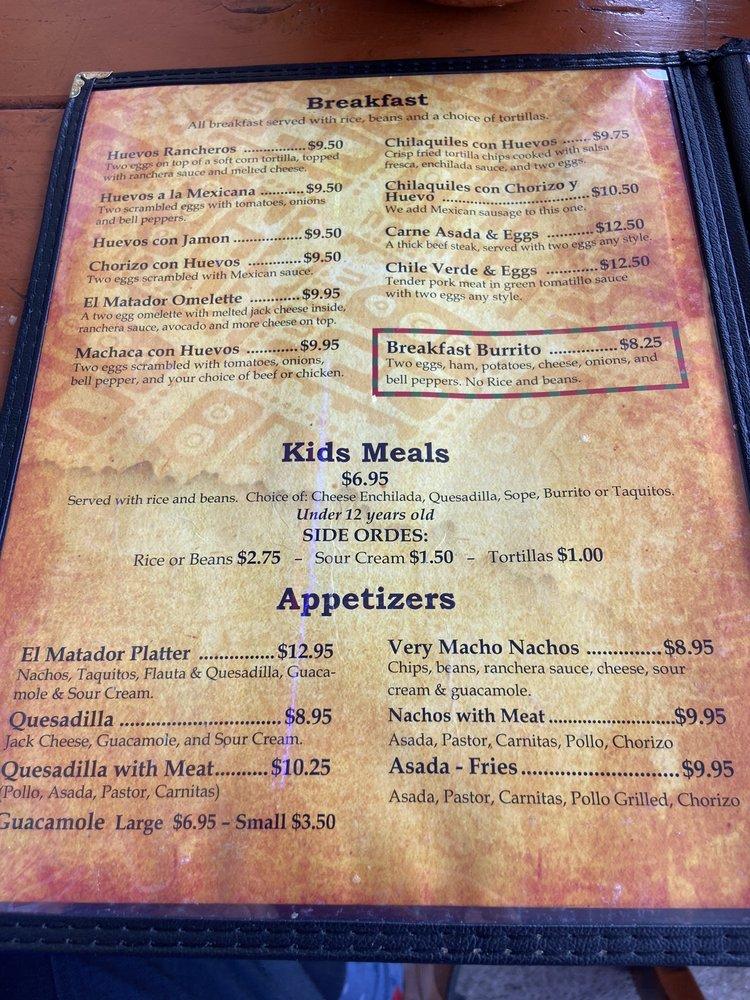 Carta de El Matador Authentic restaurant, Irwindale