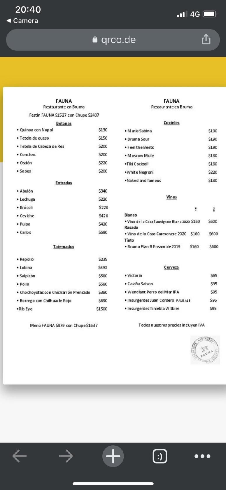 Menu at Fauna restaurant, Mexico