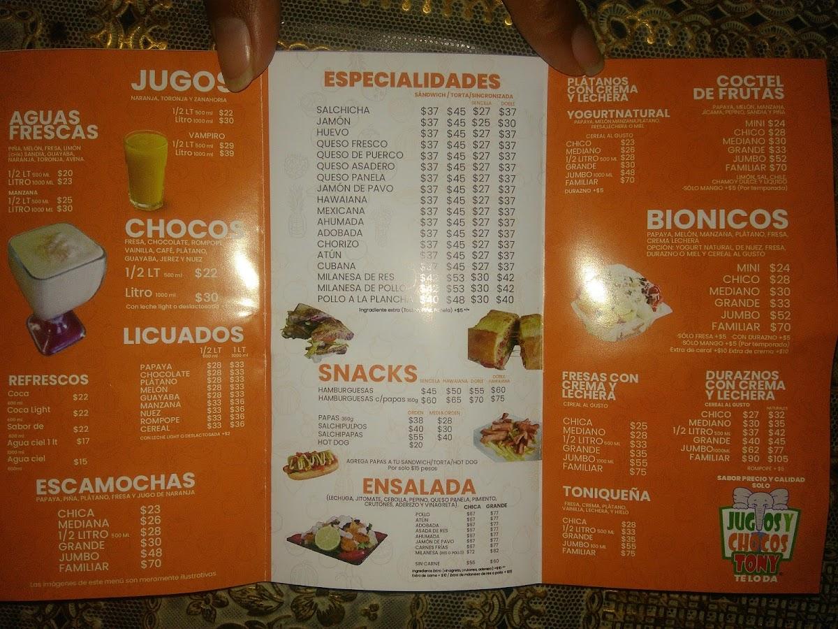 Carta del pub y bar Jugos y Chocos Tony, Aguascalientes, Profesor ...