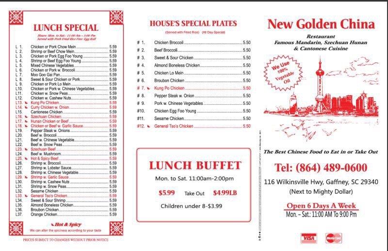 Menu at New Golden China Restaurant, Gaffney