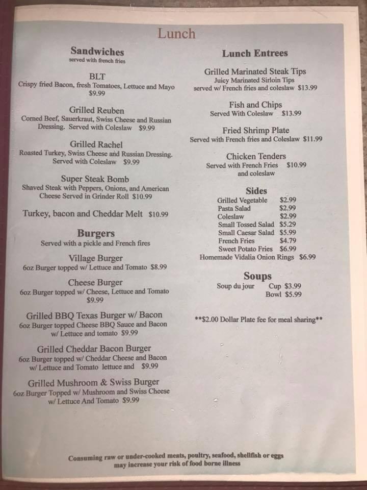 Menu at Old Village Grille restaurant, Sturbridge
