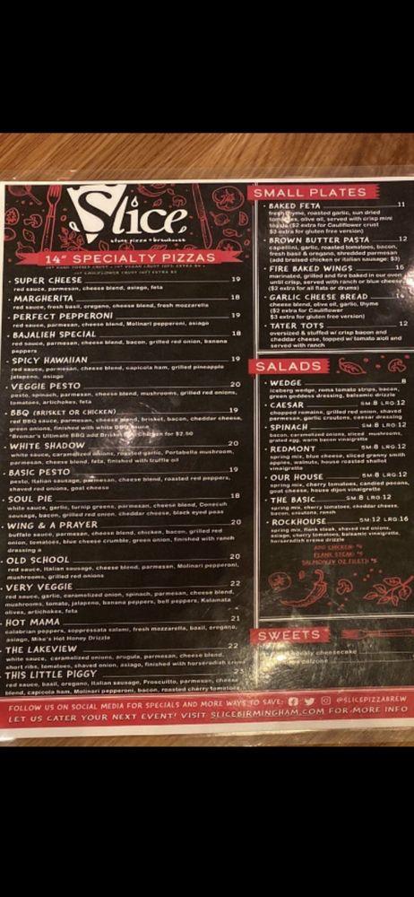 Menu at Slice Pizza and Brew pub & bar, Montevallo