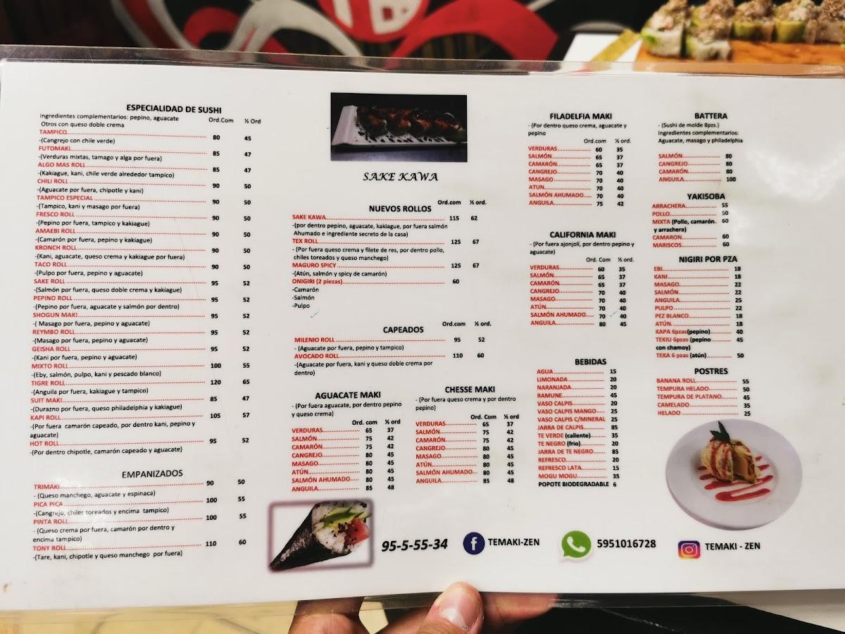 Carta del restaurante Temaki Zen, Texcoco del Mora