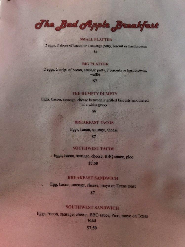 Menu at The Bad Apple Saloon pub & bar, Lake Charles