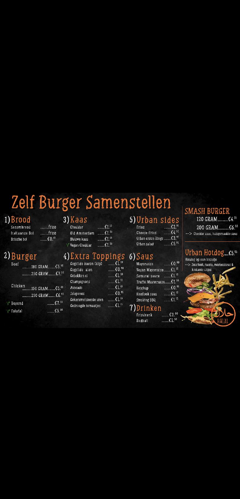 Menu at Urban EATZ burgers, Rotterdam