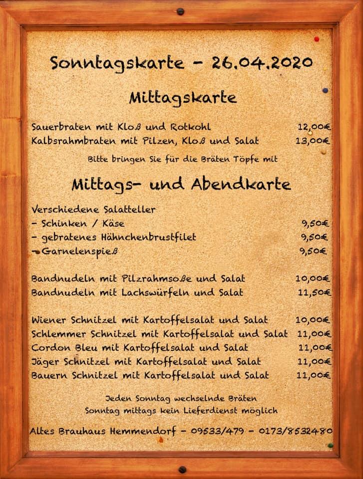 Menu at Altes Wirtshaus restaurant, Germany