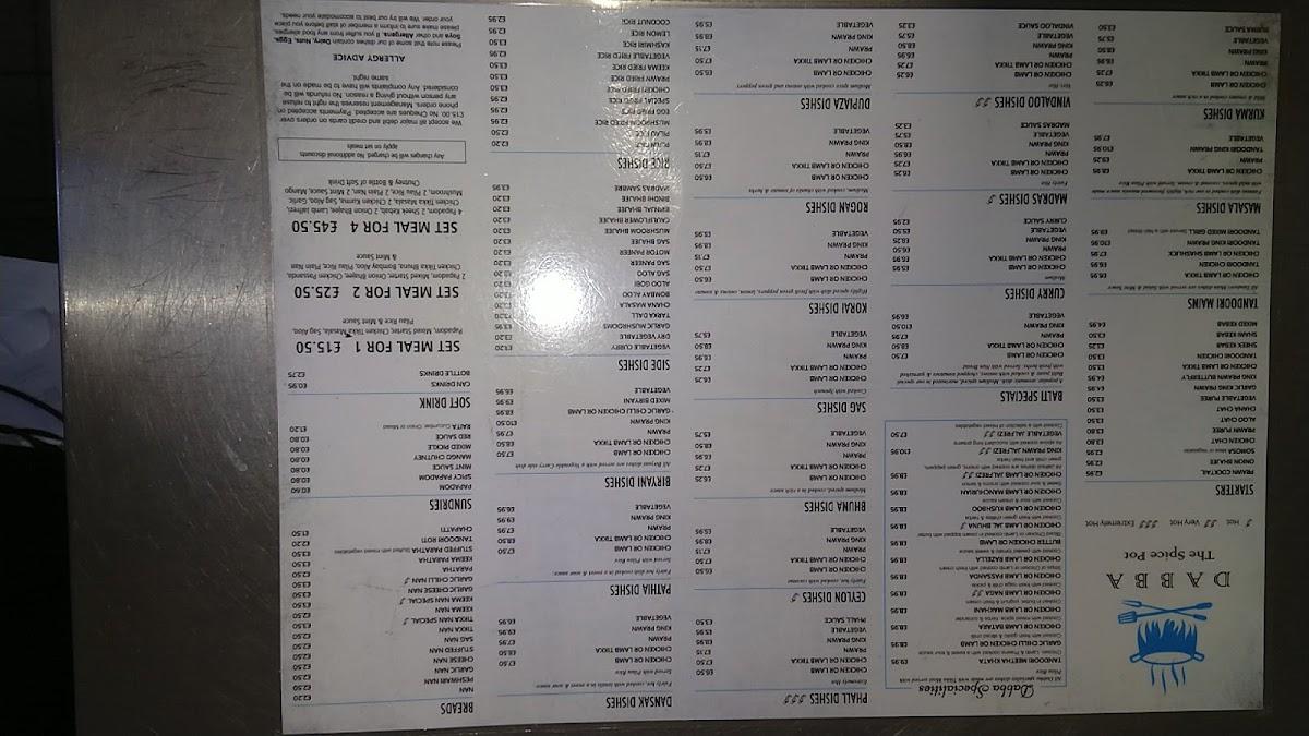 Menu at Dabba - The Spice Pot restaurant, Hythe