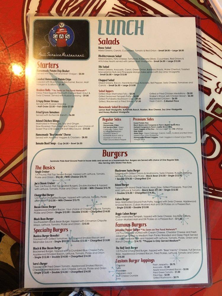 Menu at Gas Full Service Restaurant, St. Augustine