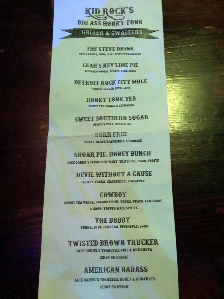 Menu at Kid Rock's Big Ass Honky Tonk Rock N' Roll Steakhouse, Nashville