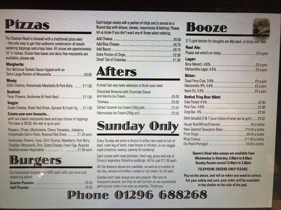 Menu at Queens Head pub & bar, Wing, 9 High St