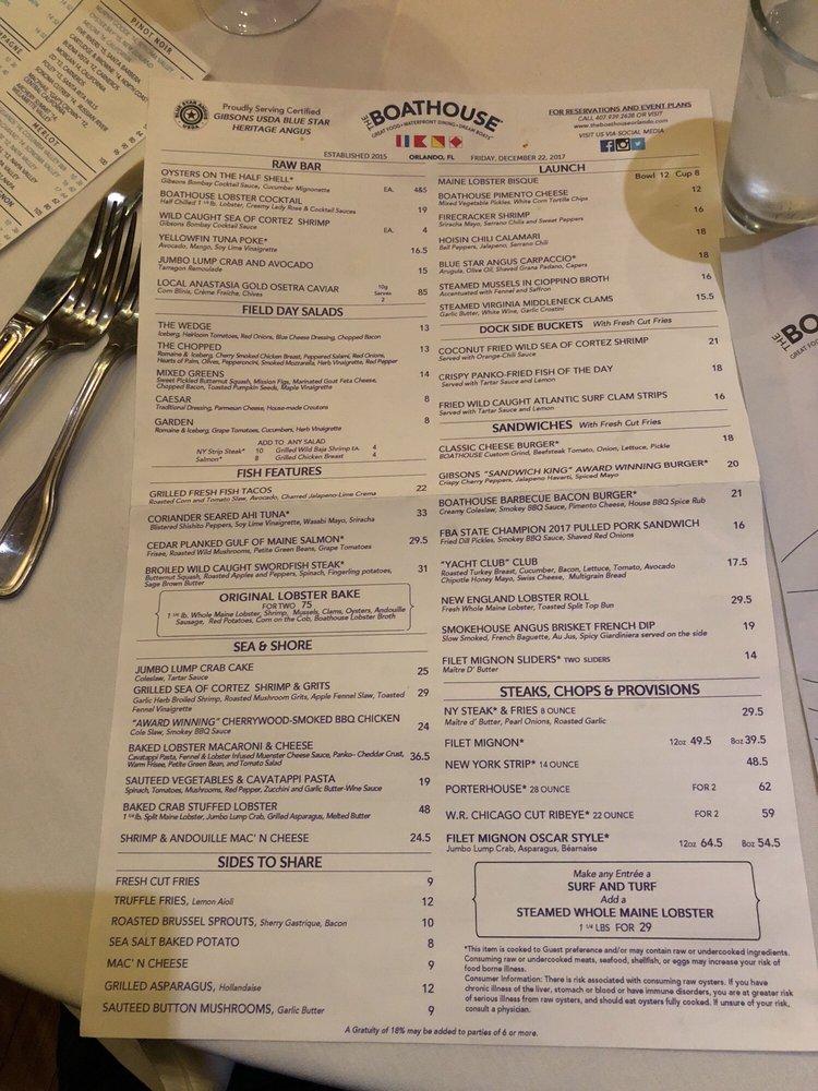 Menu at The Boathouse Orlando pub & bar, Lake Buena Vista, E Buena Vista Dr