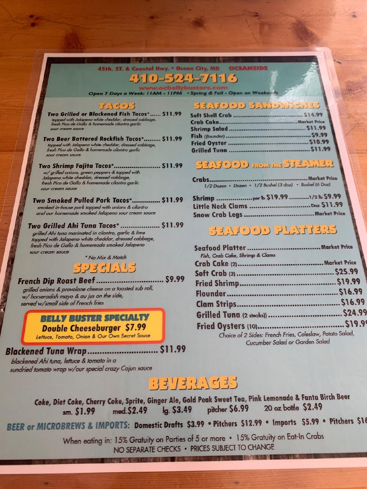 Menu at Belly Busters restaurant, Ocean City