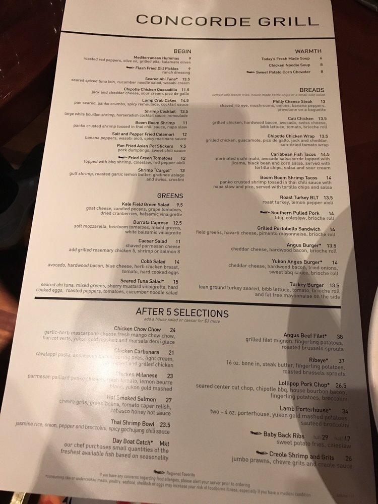 Menu at Concorde Grill restaurant, Atlanta, 1 Hartsfield Center Pkwy