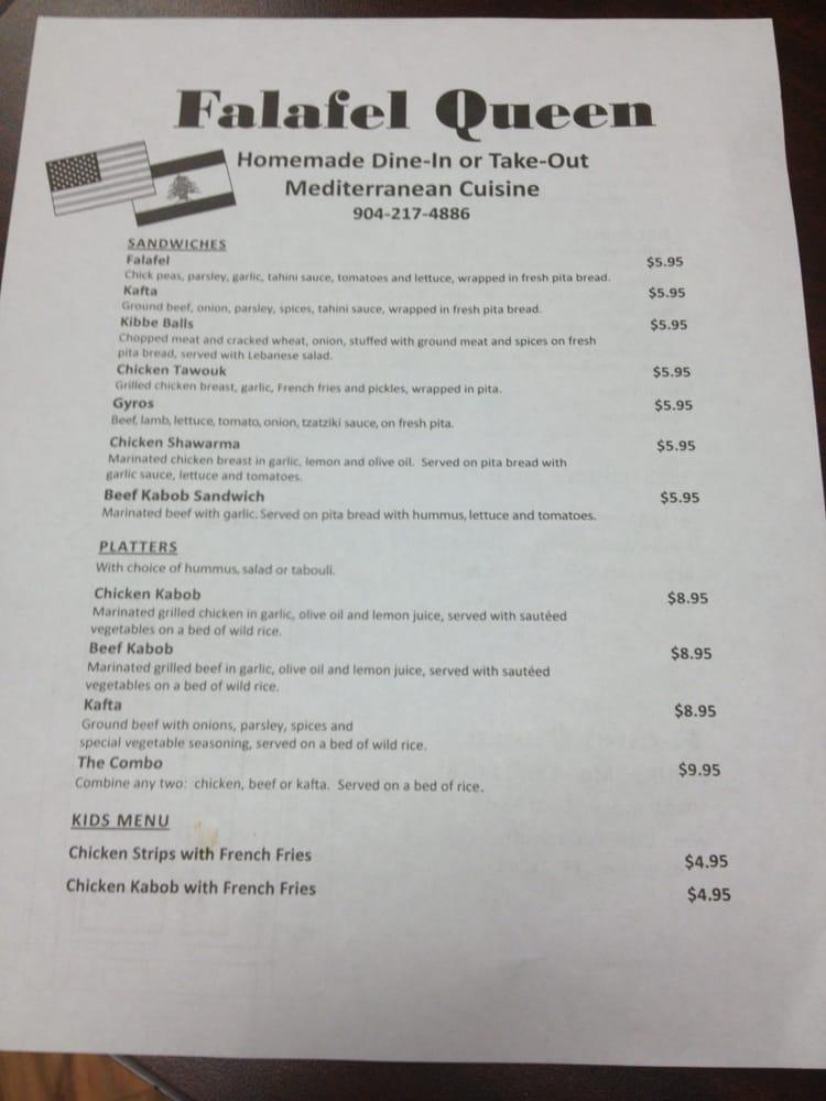 Menu at Falafel Queen restaurant, St. Augustine