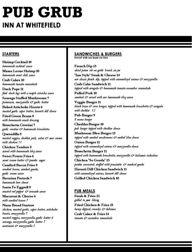 Menu at Inn At Whitefield pub & bar, Whitefield