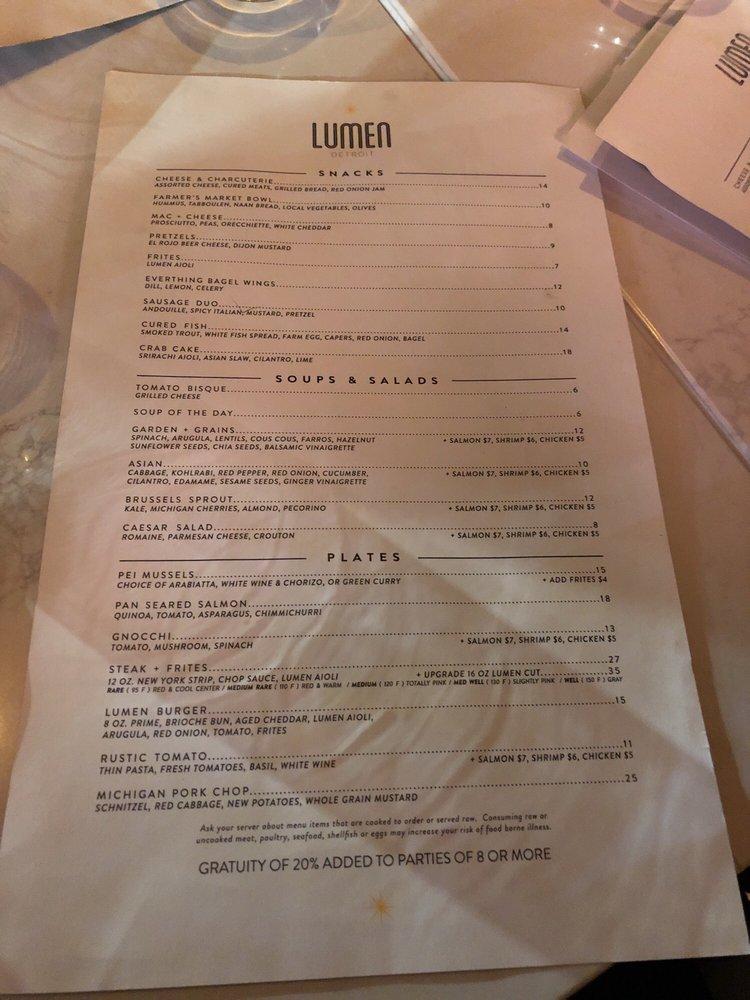Menu at Lumen Detroit restaurant, Detroit