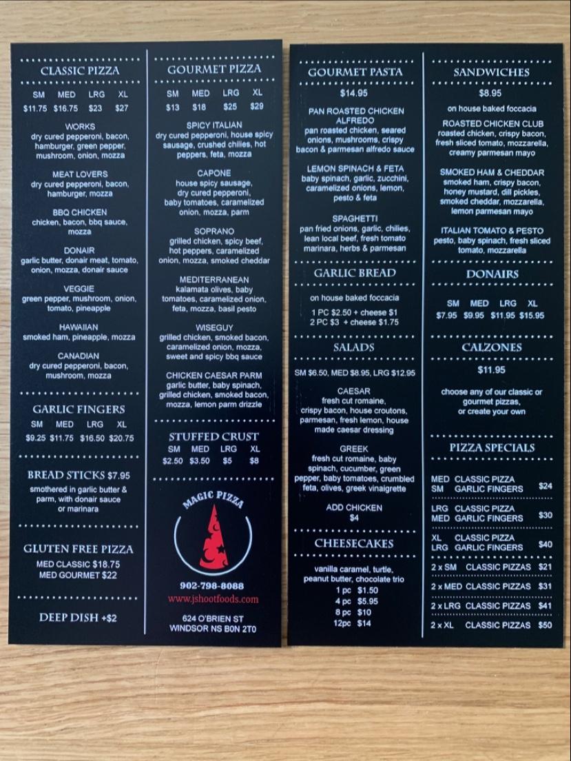 Menu at Magic Pizza restaurant, Windsor, 624 O'Brien St