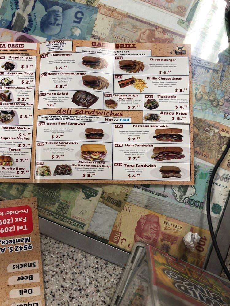 Menu at Oasis Taqueria restaurant, Manteca