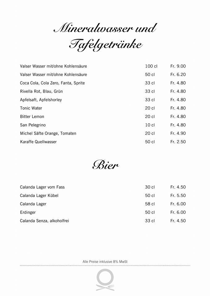 Menu at Panorama, Saint Moritz, Via Somplaz 59