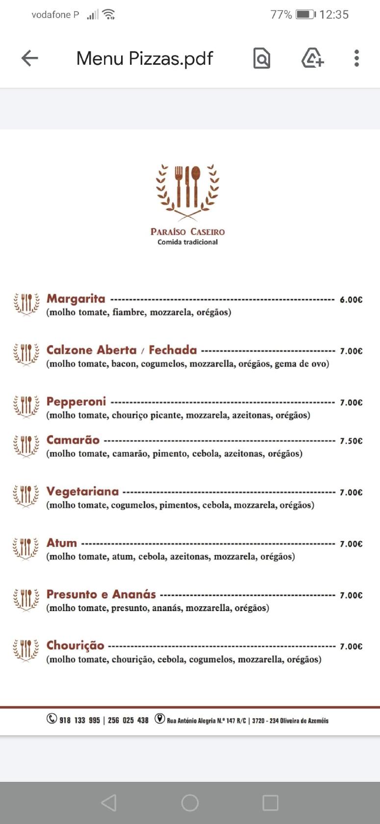 Menu em Paraíso caseiro restaurante, Oliveira de Azeméis