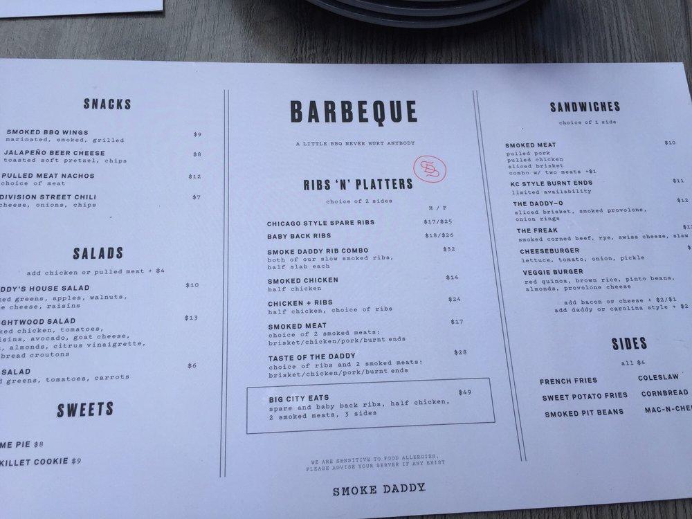 Menu at Smoke Daddy BBQ - Wrigleyville, Chicago, N Clark St