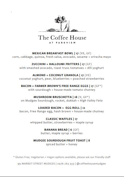 Menu at The Coffee House - at Parkview, Mudgee