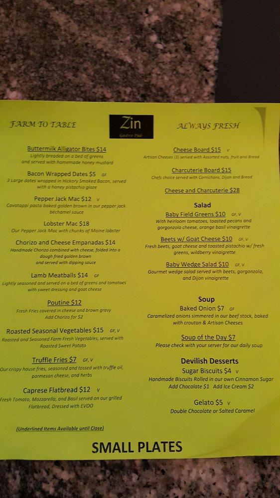 Menu at Zin GastroPub, Lake Zurich