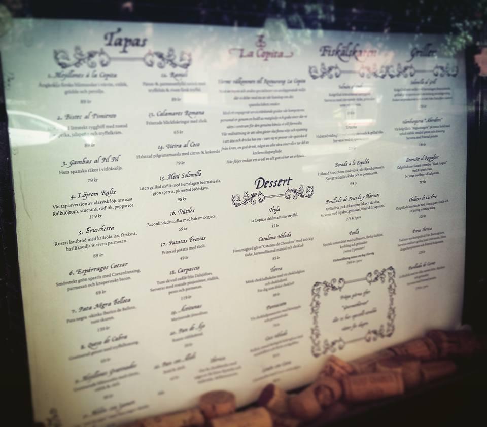 Menu at La Copita restaurant, Borås