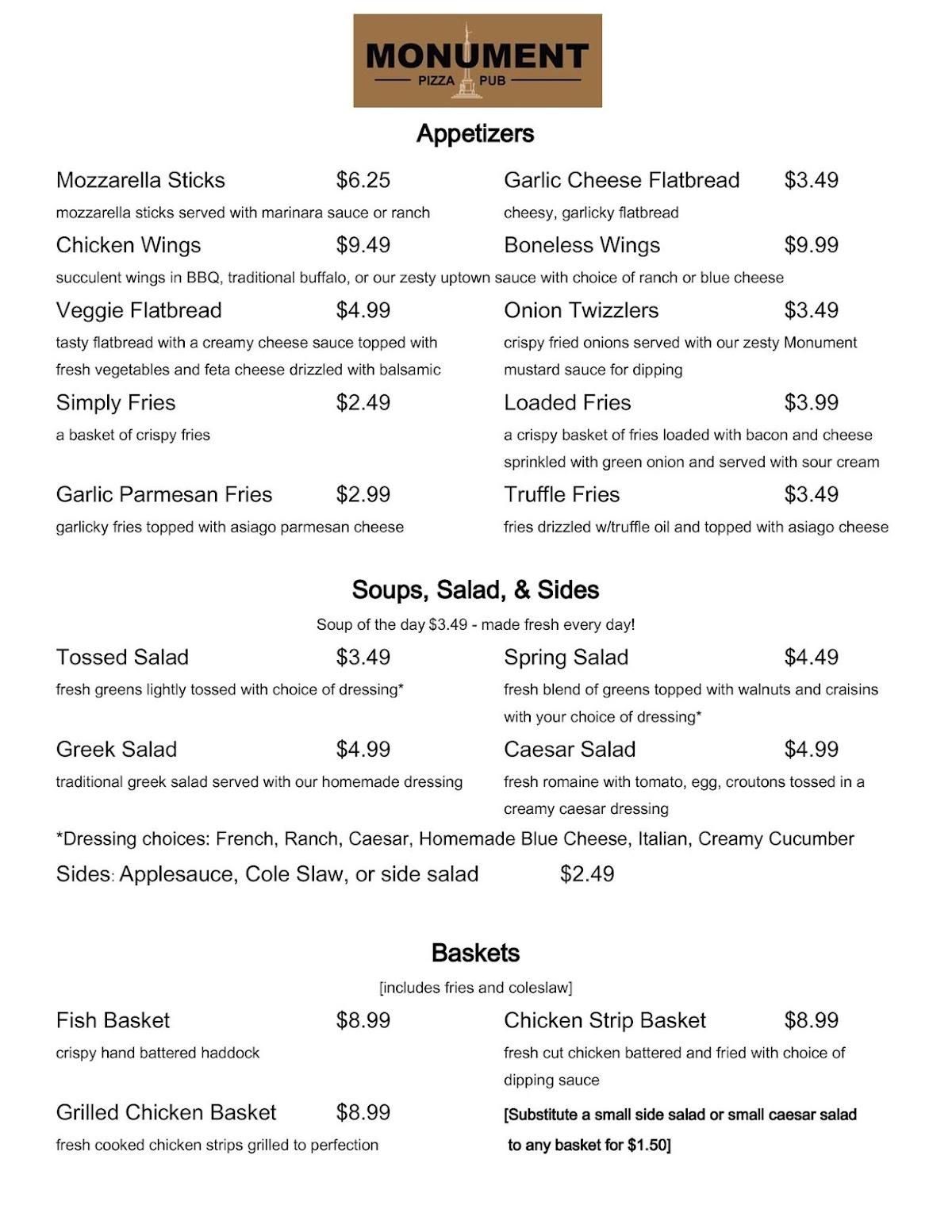Menu at Monument Pizza Pub, Angola