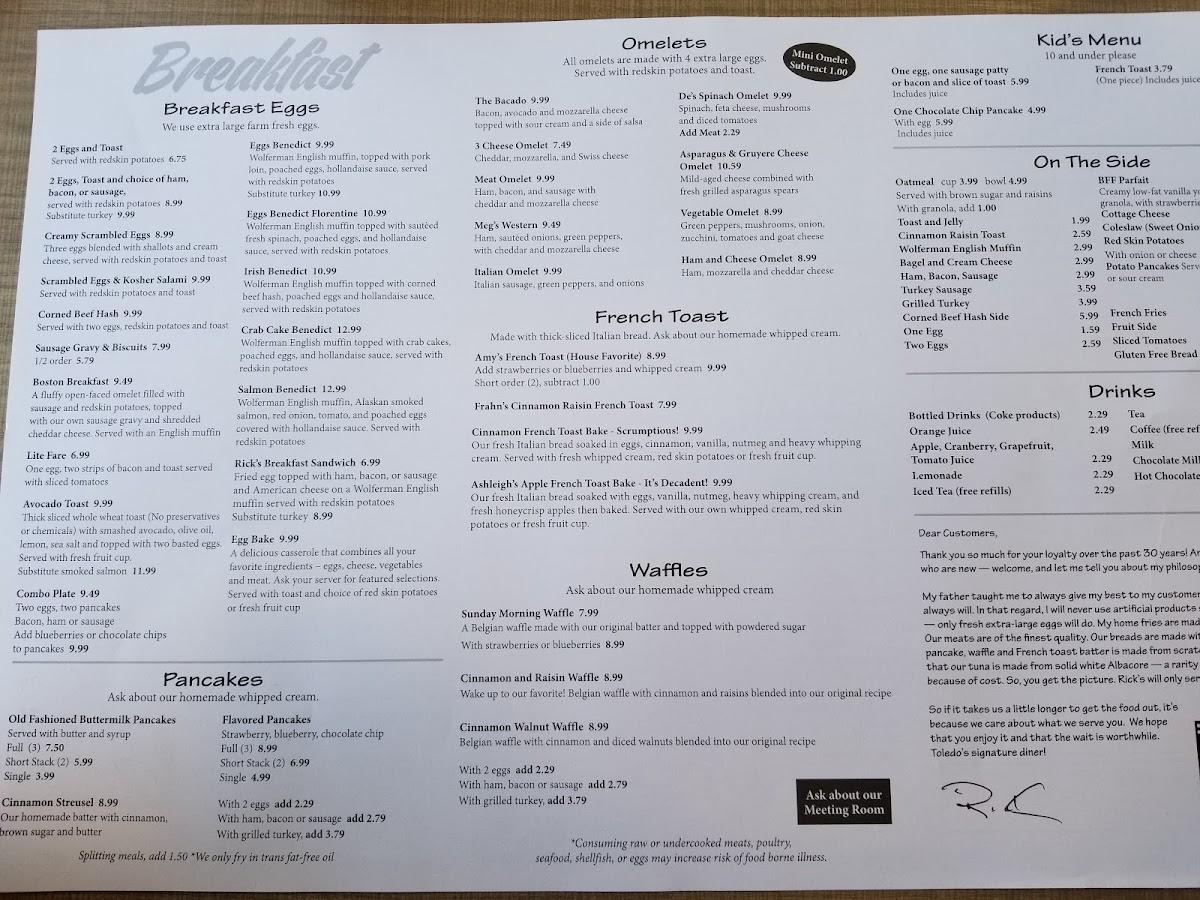 Menu at Rick's City Diner cafe, Toledo, Monroe St #40