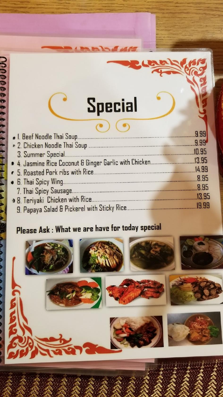 Menu at Smile Thai Restaurant, Winnipeg, Main St