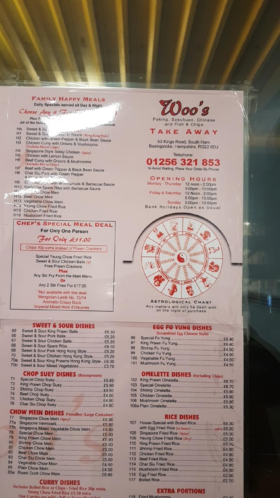 Menu at Woo’s Takeaway fast food, Basingstoke