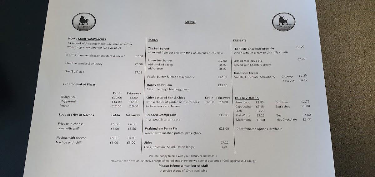 Menu at The Bull Inn pub & bar, Walsingham