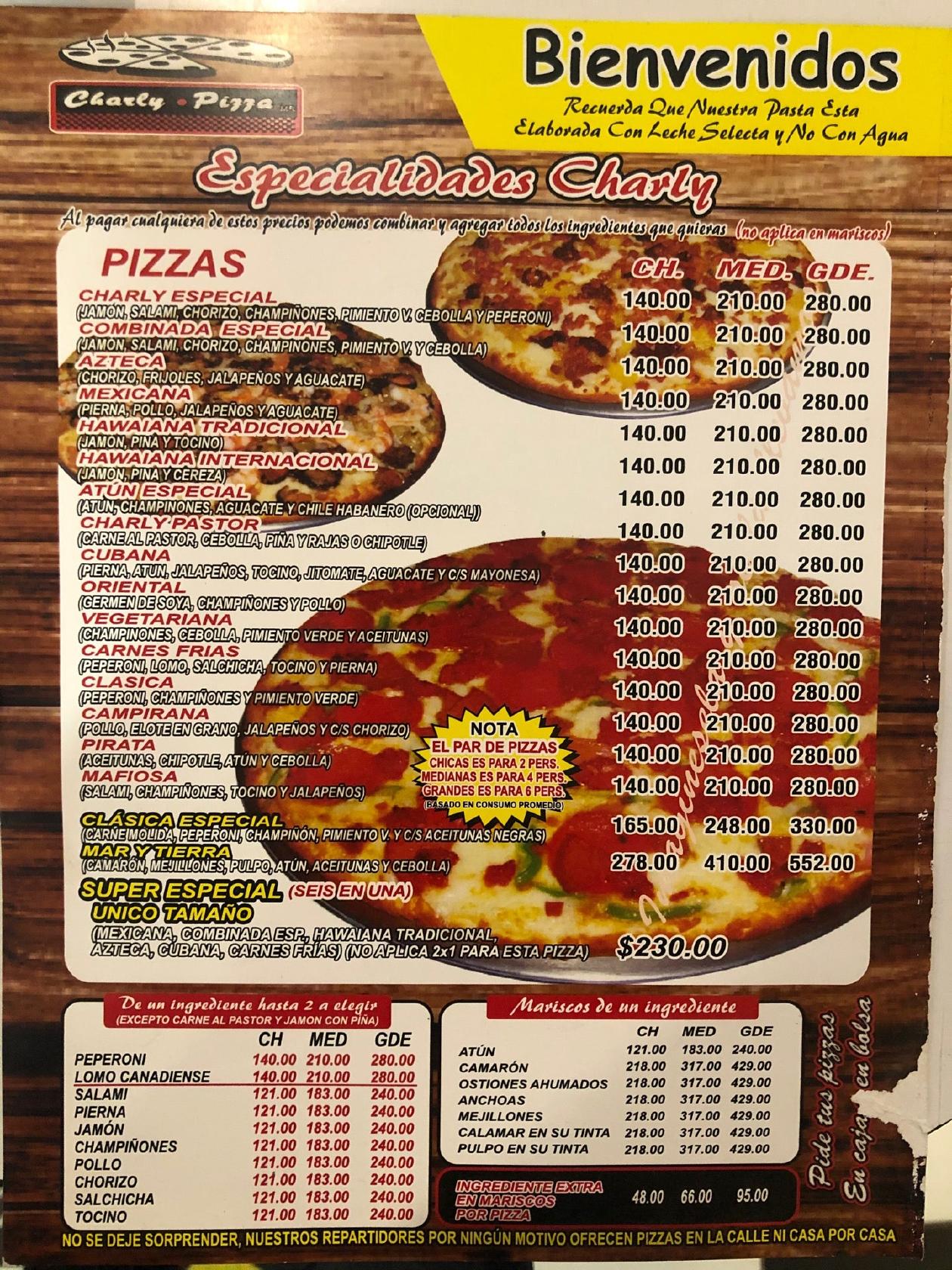 Carta del restaurante Charly Pizza, Ciudad López Mateos, Av. del Rosal 153