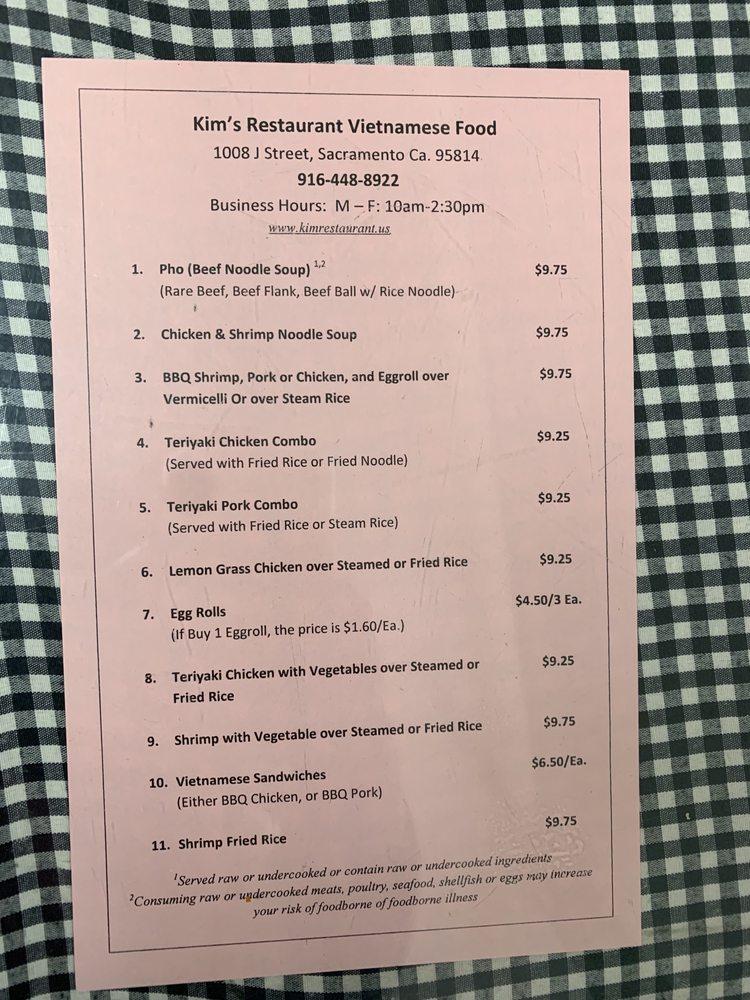 Menu at Kim’s Restaurant, Sacramento