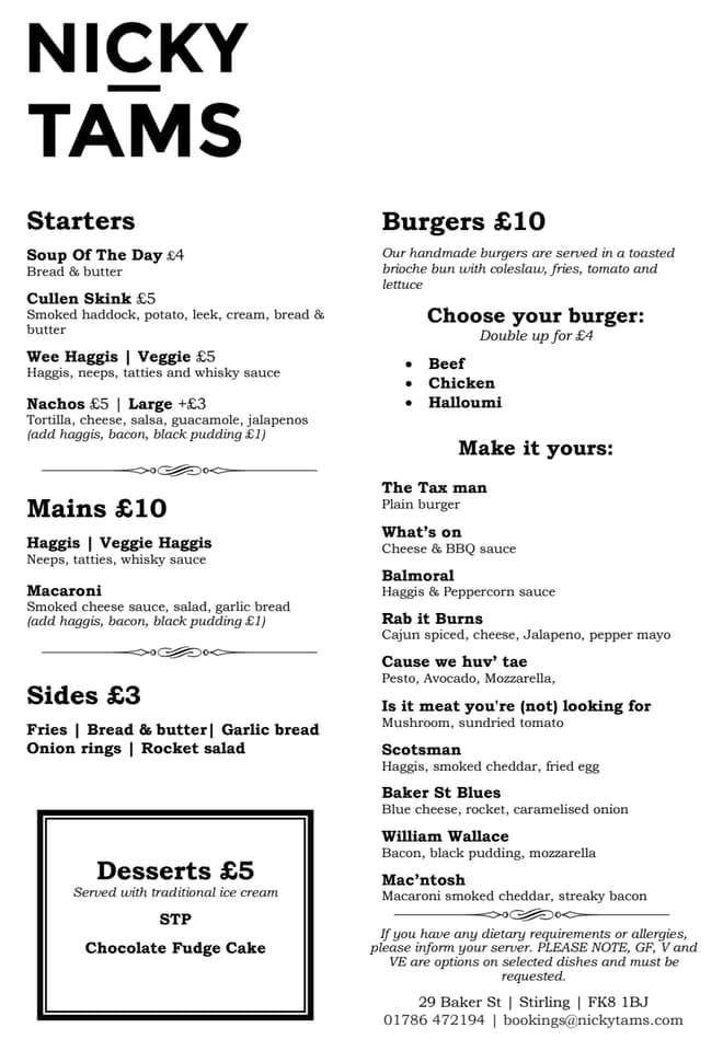 Menu at Nicky Tams pub & bar, Stirling