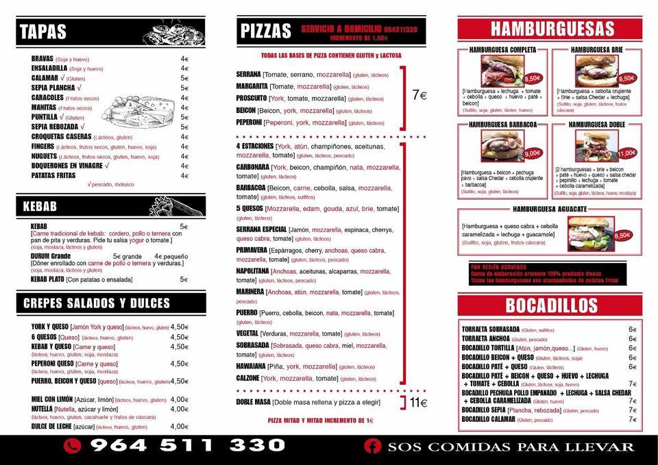 Menu at Sos Pizza pub & bar, Les Alqueries