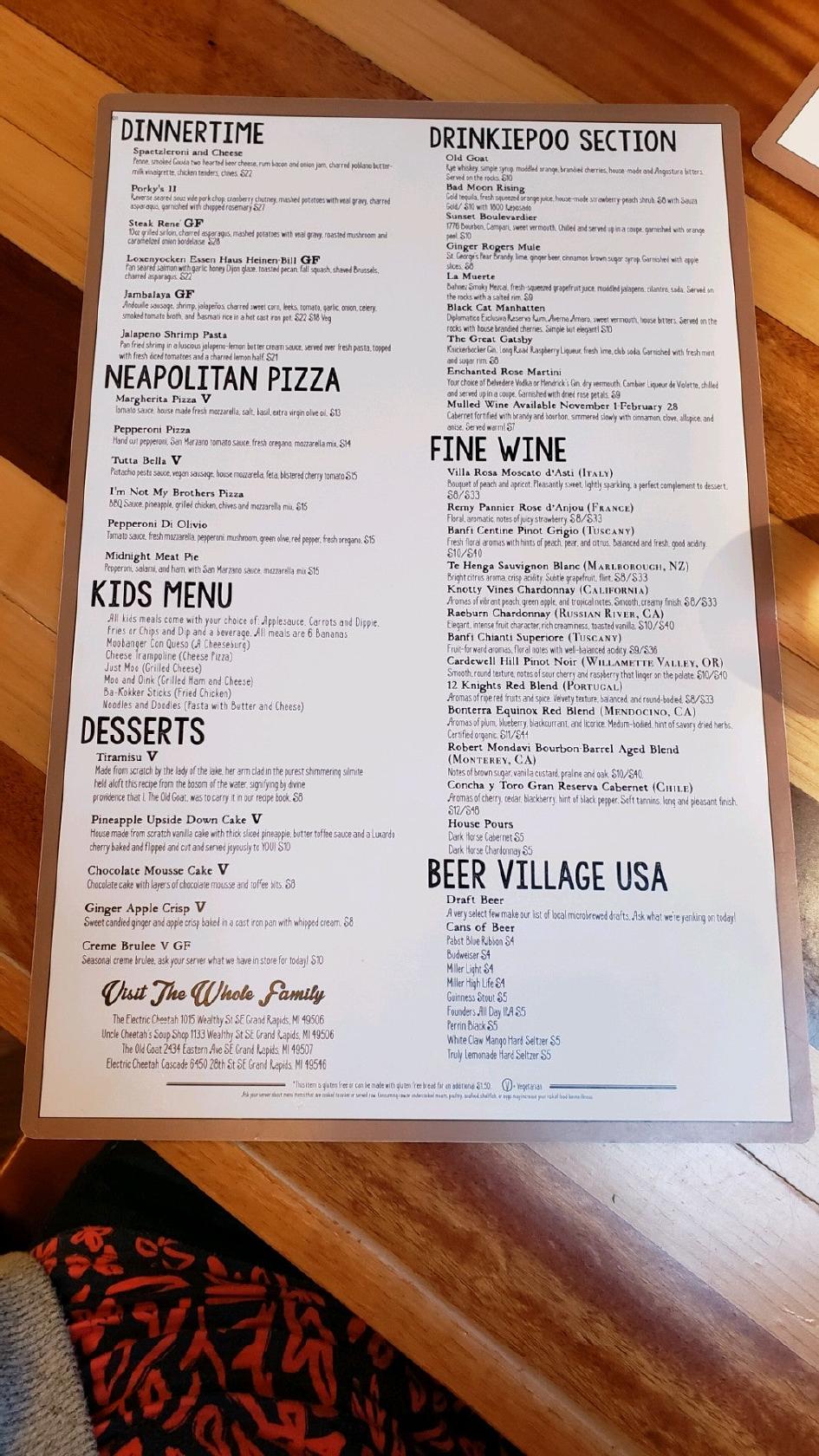 Menu at The Old Goat restaurant, Grand Rapids