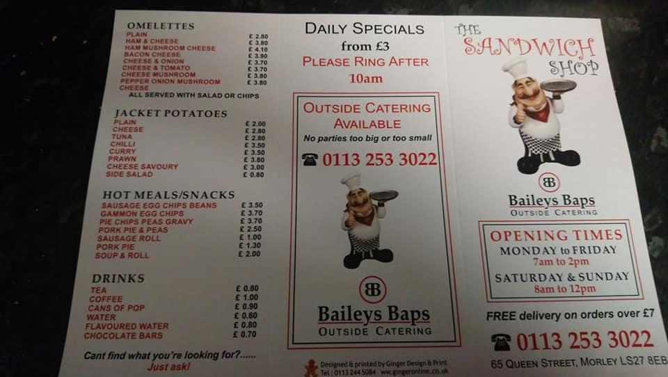 Menu at Bailey's Baps cafe, Leeds