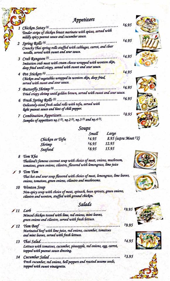 Menu at Chada Thai restaurant, Blaine