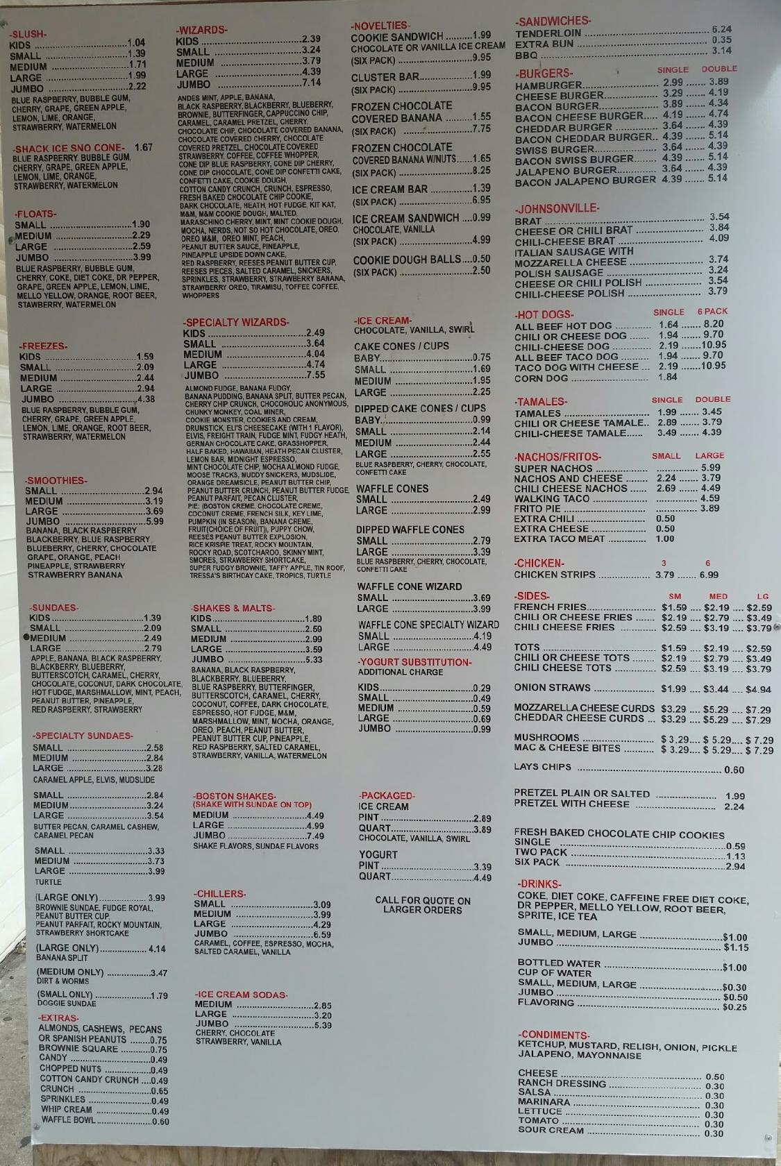 Menu at Ice Cream Shack of Sunnyland desserts, Washington, Washington Rd