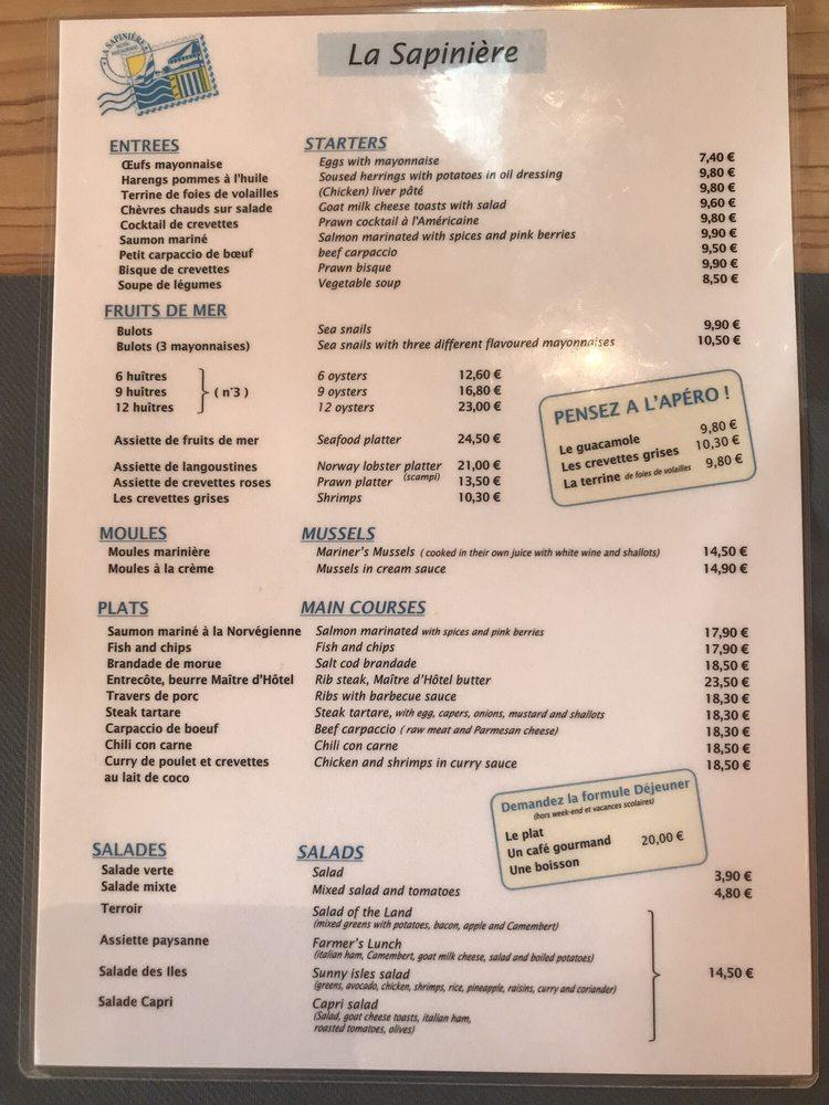 Menu at La Sapinière restaurant, Saint-Laurent-sur-Mer