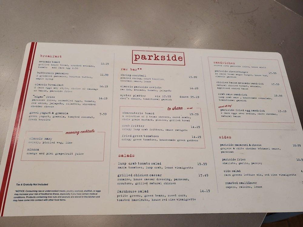 Menu at Parkside restaurant, Austin, 10320 Airside Road