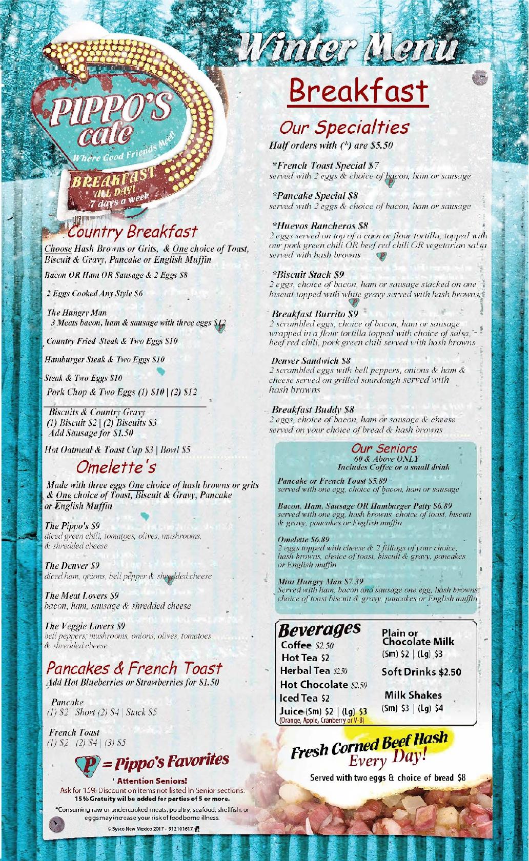 Menu at Pippo's Cafe, Cortez