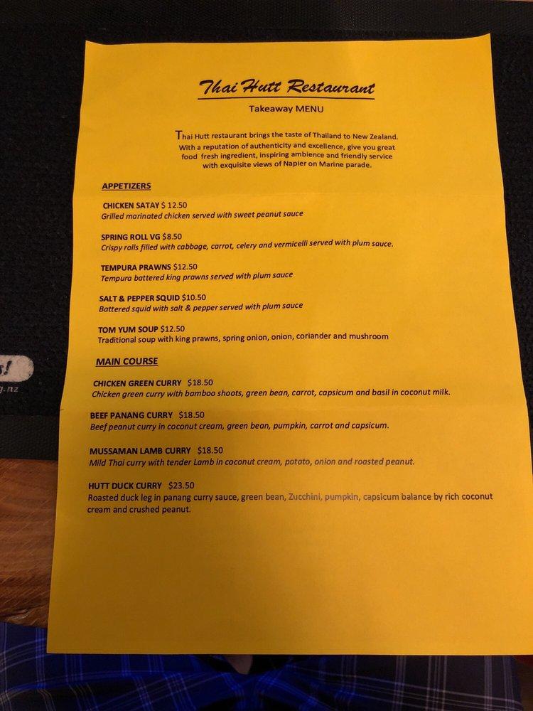 Menu at Thai Hutt Restaurant, Napier, 255 Marine Parade