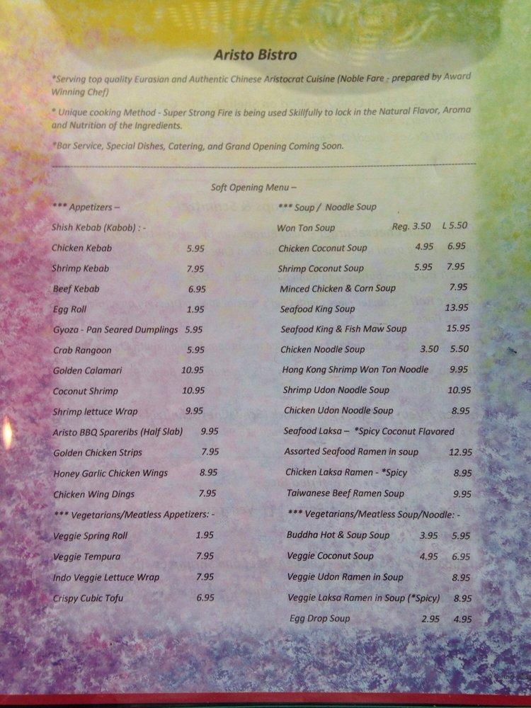 Menu at Aristo Bistro restaurant, Westlake