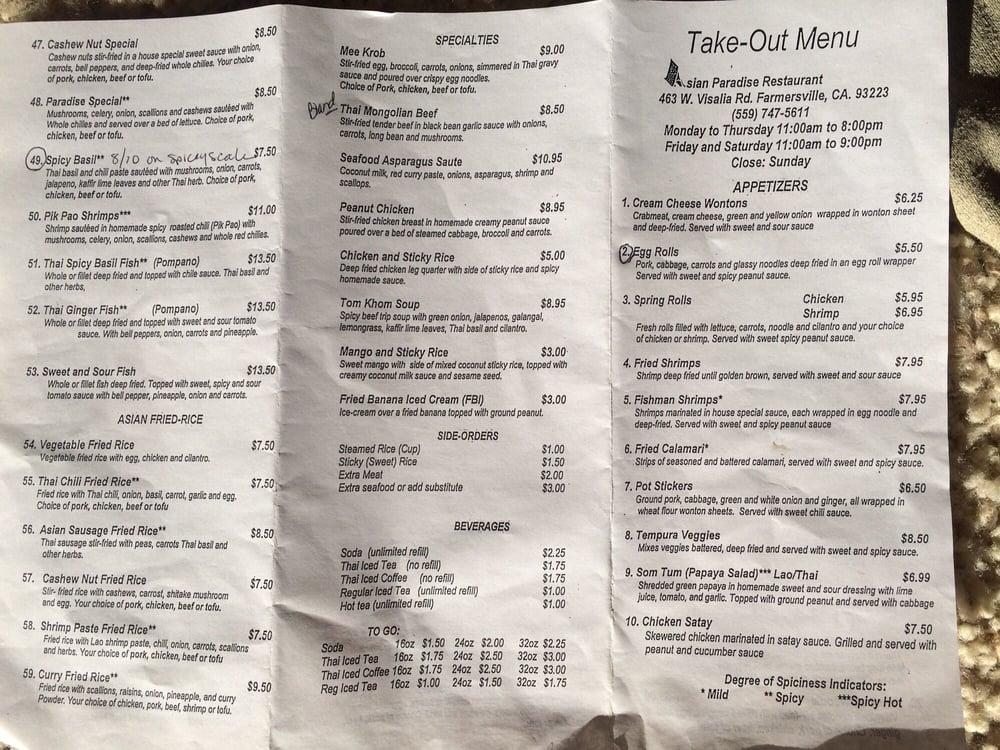 Menu at Asian Paradise Restaurant, Farmersville